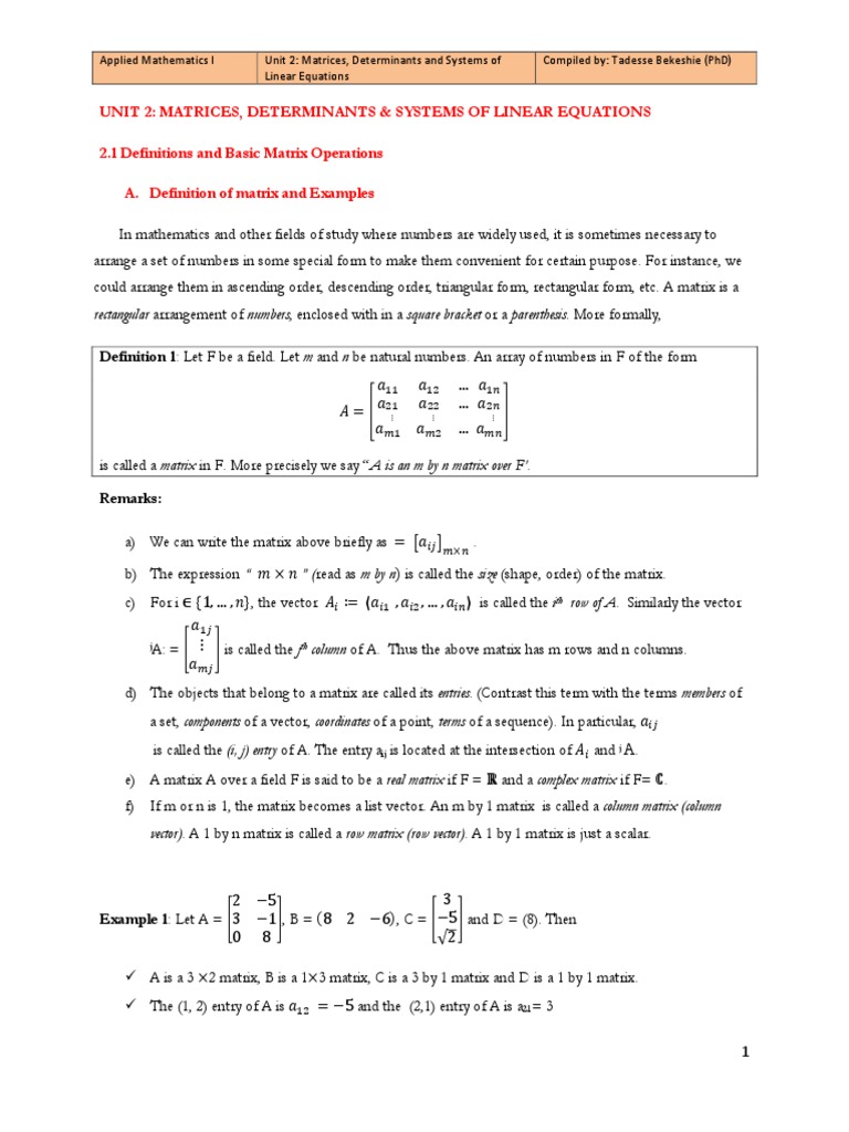 APPLIED MATHEMATICS I - Chapter 2: Matrices, Determinants and Systems ...