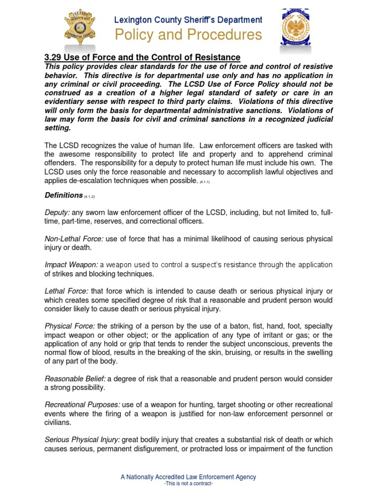 Lexington County Sheriff's Department | PDF | Deadly Force | Use Of Force