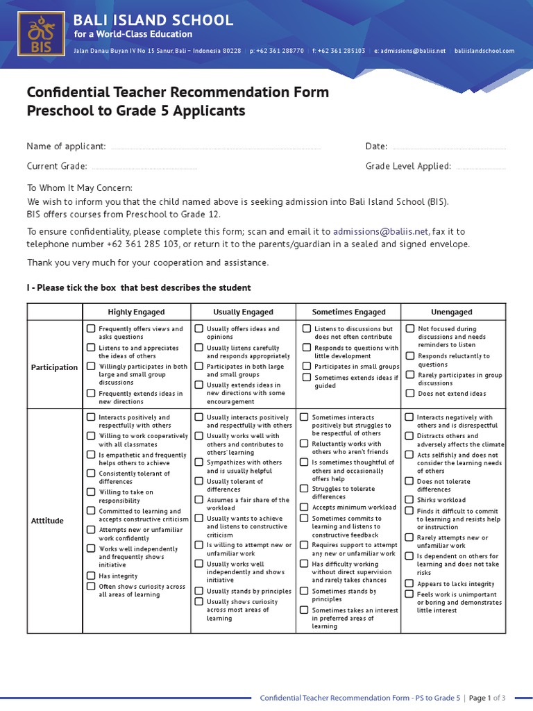 Confidential Teacher Recommendation Form Preschool To Grade 5 ...