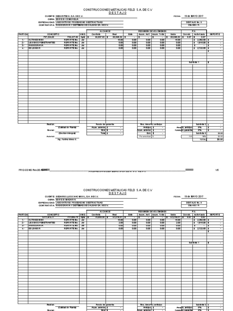 Formato Destajo Planta 01 | PDF