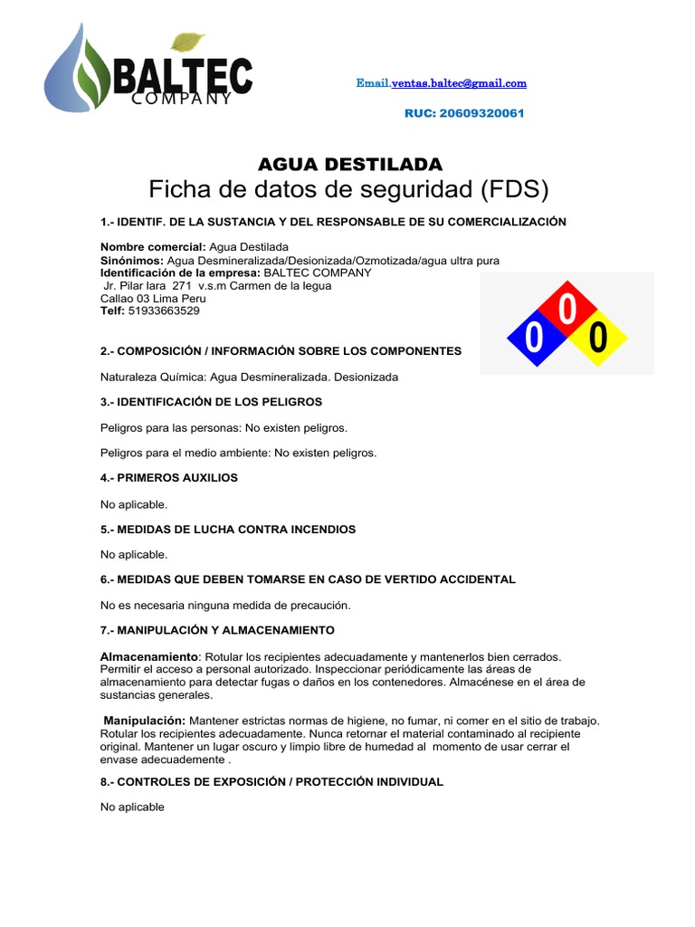 MSDS AGUA DESTILADA | PDF | Agua | Destilación