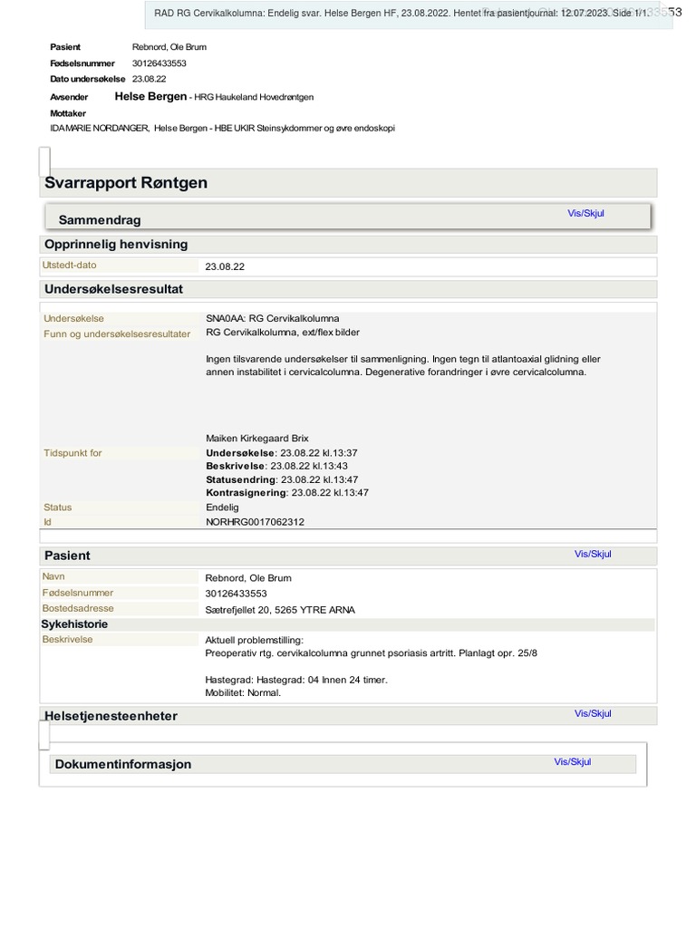 RAD RG Cervikalkolumna Endelig Svar 23-08-2022 Kl 1337 | PDF
