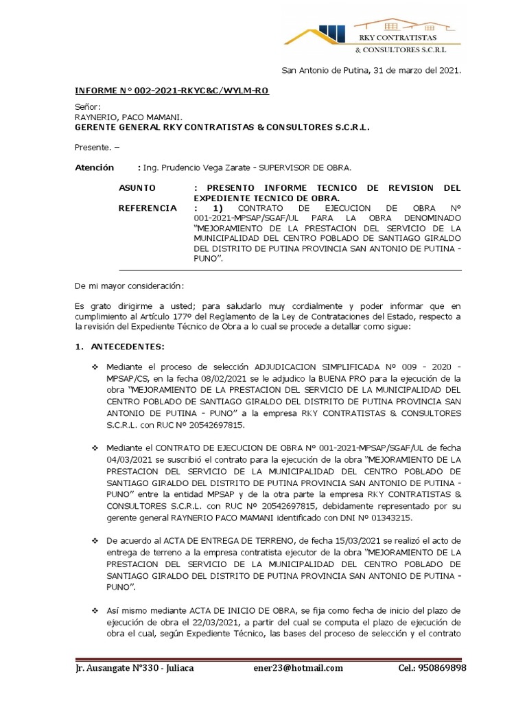 Informe #002 - Revision de Expediente Tecnico | PDF