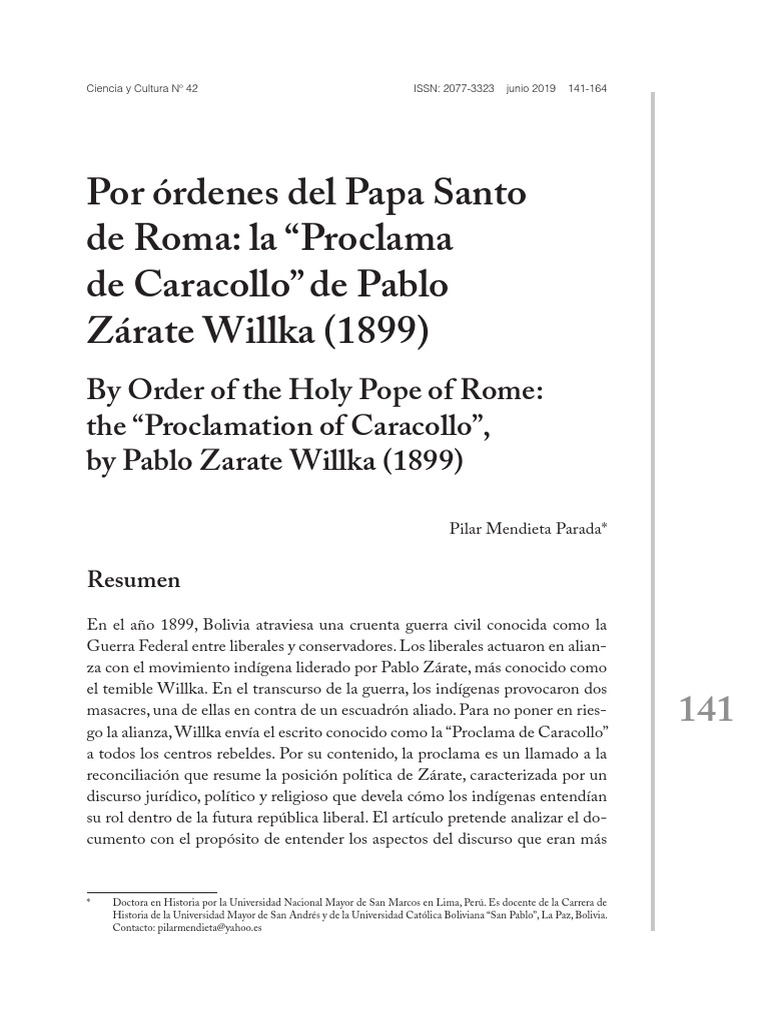 Por Órdenes Del Papa Santo de Roma: La "Proclama de Caracollo" de Pablo Zárate Willka (1899 ...