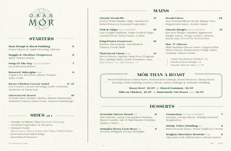 Oran Mor Sunday Roast Menu | PDF | Hamburgers | French Fries