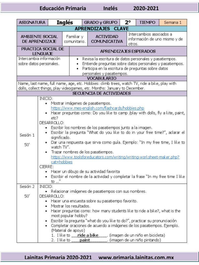 2do Grado Inglés Marzo 2020 2021 Pdf