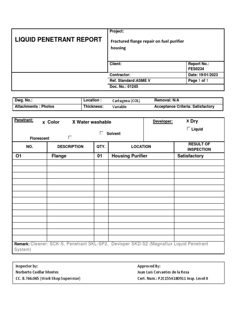 Liquid Penetrant Quality Control and Inspection Report Form | PDF