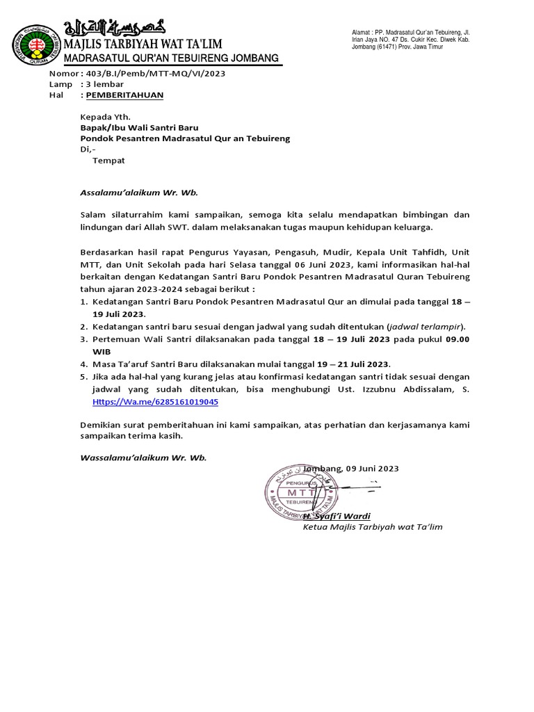 Pemberitahuan Kedatangan Santri Baru 2023 | PDF