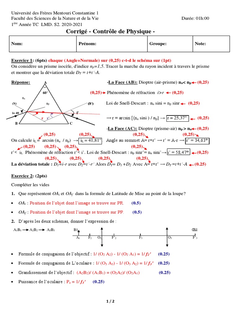 Corrigé Contrôle de Physique 2020-2021 | PDF