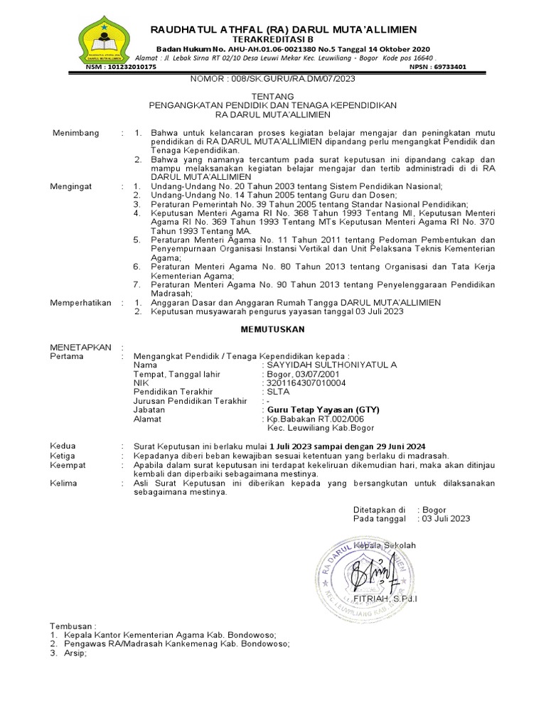 Contoh SK Pengangkatan Pendidik Dan Tenaga Kependidikan Revisi | PDF