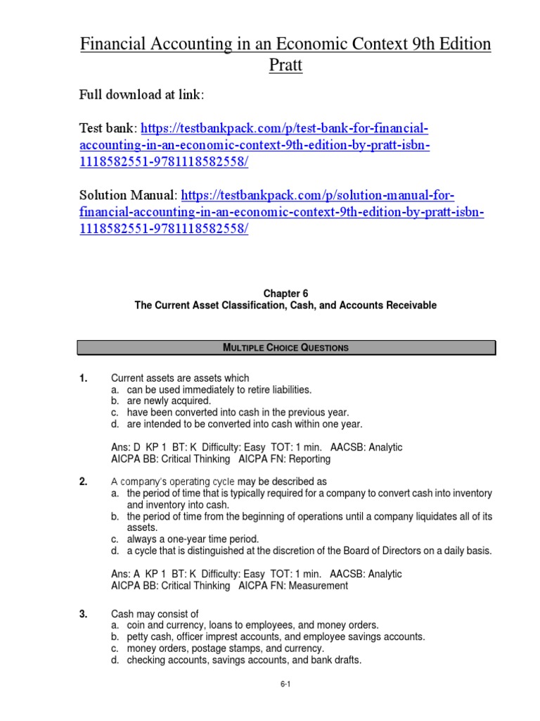 Financial Accounting in An Economic Context 9th Edition Pratt Test Bank ...