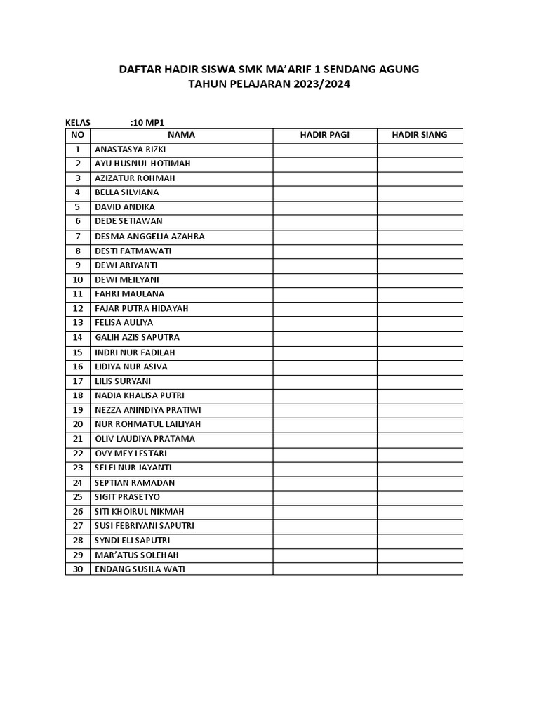 Daftar Hadir Siswa SMK | PDF