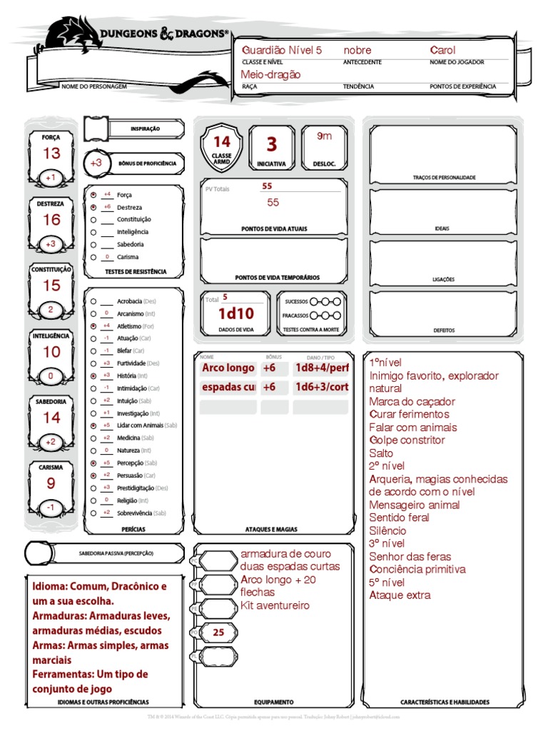 Ficha-De-Personagem Meio Dragao | PDF