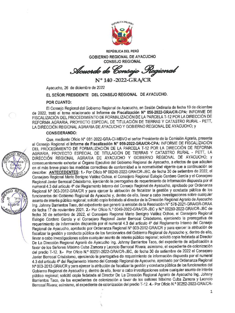 Acuerdo de Consejo Regional 2022 N 140 | PDF Acuerdo de Consejo Regional 2022 N 140 | PDF