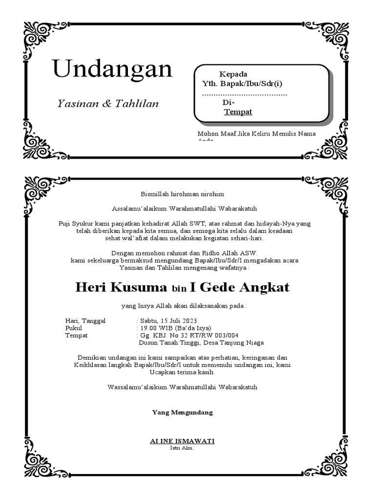 Undangan Yasin Dan Tahlil Heri Kusuma | PDF