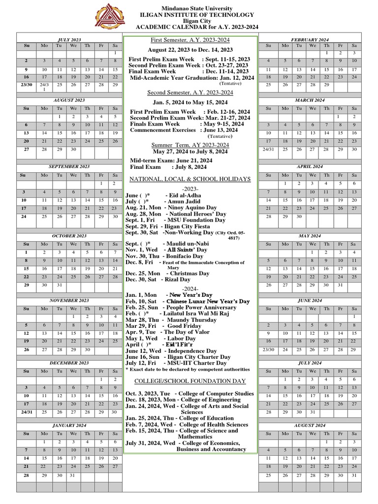 Academic Calendar Ay 2023 2024 | PDF | Academic Term | Observances