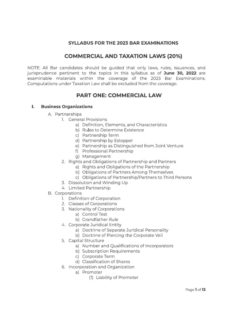 2023 Corporation Law Bar Syllabus | PDF