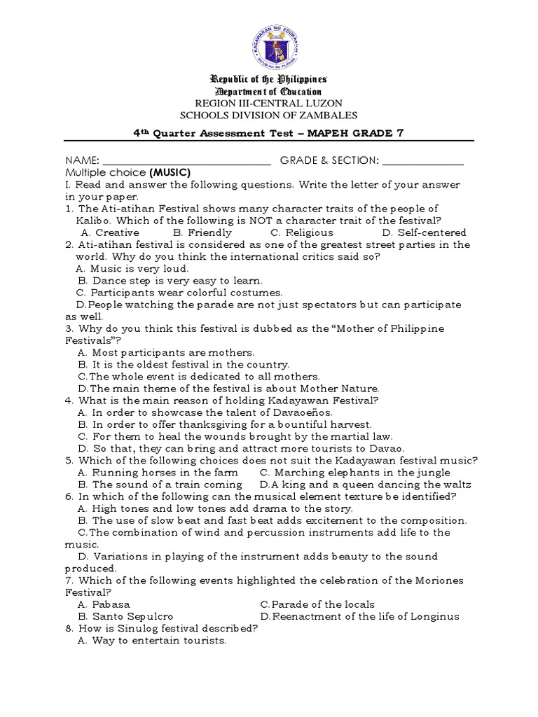 Grade 7 MAPEH 4th Quarter Assessment | PDF
