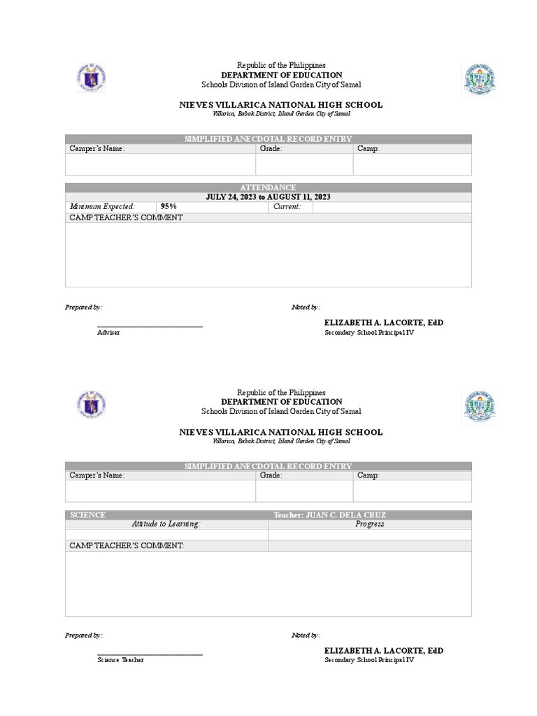 NLC Simplified Anecdotal Record Per Subject | PDF