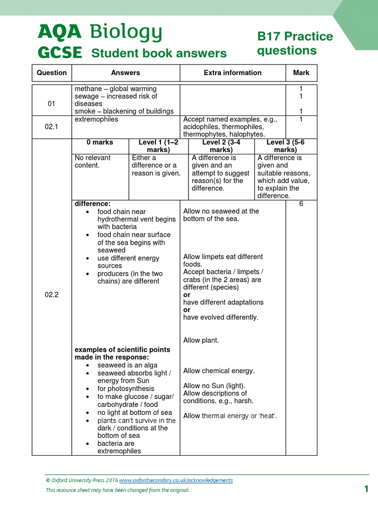 AQA Biology GCSE Combined B17 Practice Answers | PDF | Biodiversity ...