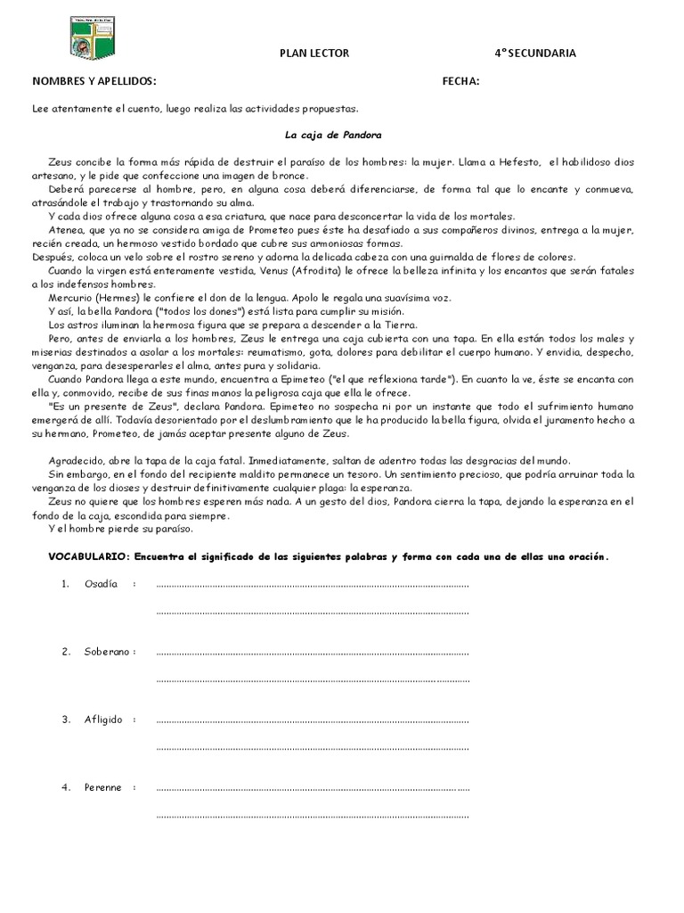 4° Sec Plan Lector Jueves 10 | PDF | Prometeo
