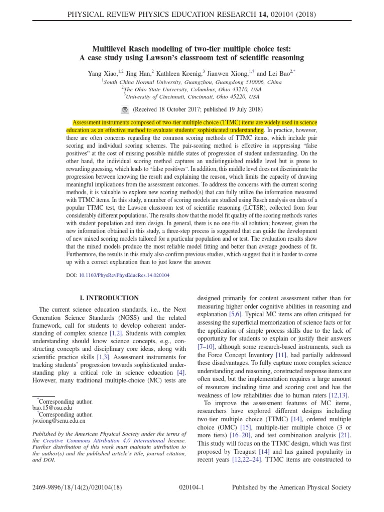 Multilevel Rasch Analysis of TTMC Scoring | PDF | Science | Cognition