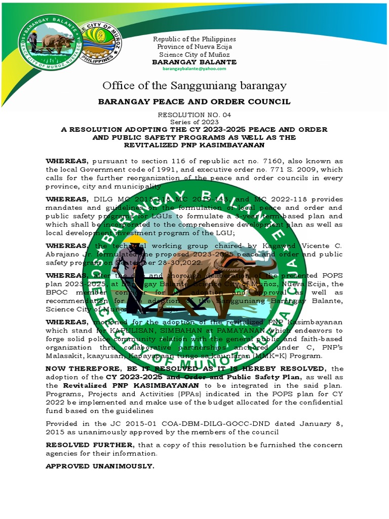 Barangay Peace and Order Council Resolution | PDF