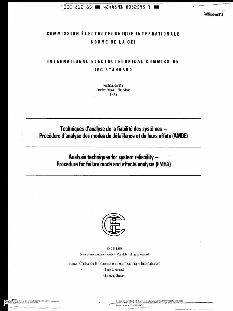 IEC 60812 1st Edition - 1985 (ANALISYS FOR SYSTEM RELIABILITY) | PDF