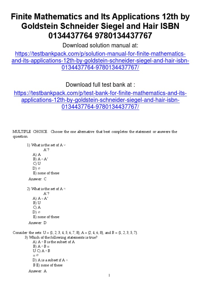 Finite Mathematics and Its Applications 12th Edition Goldstein Test ...