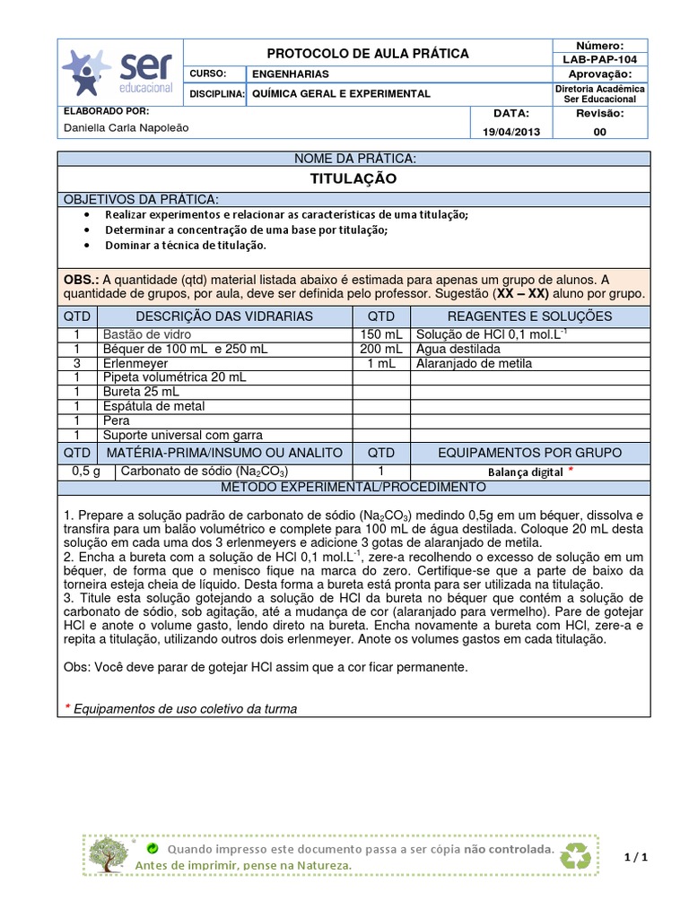 Lab Pap 104 Titulação | PDF | Titulação | Química