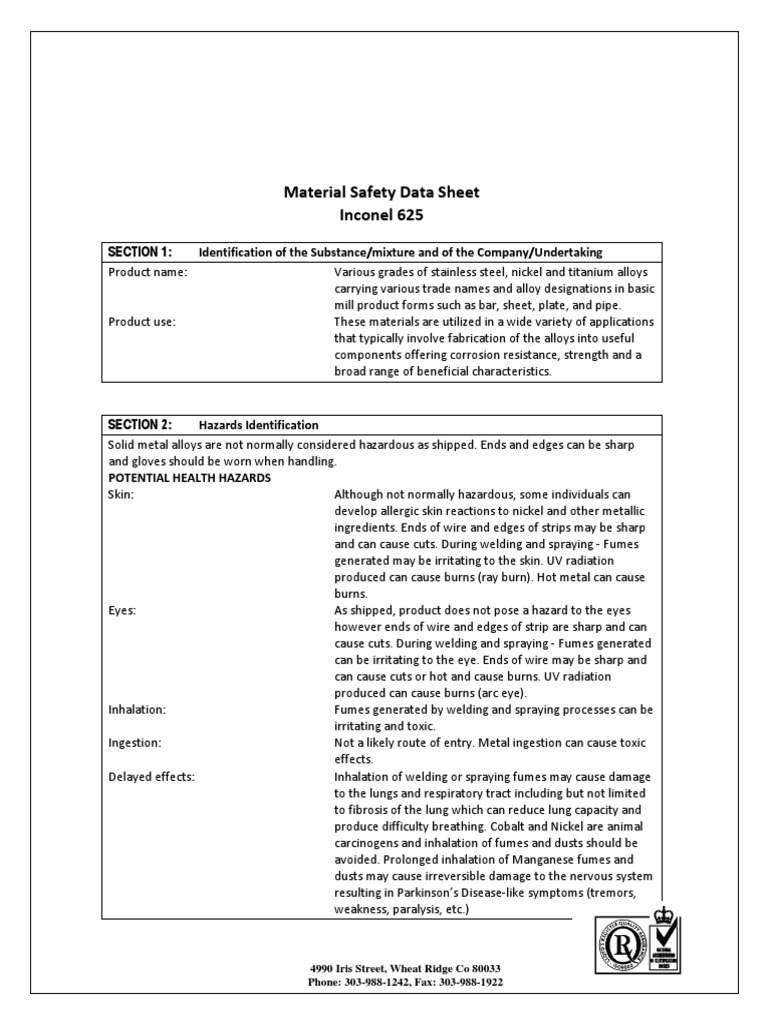 Inconel 625 Material Safety Data Sheet GPT | PDF | Welding | Construction