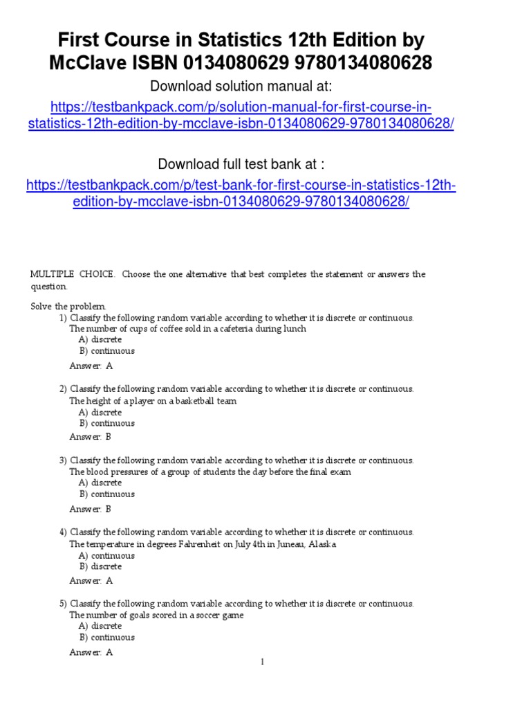 First Course in Statistics 12th Edition McClave Test Bank 1 | PDF