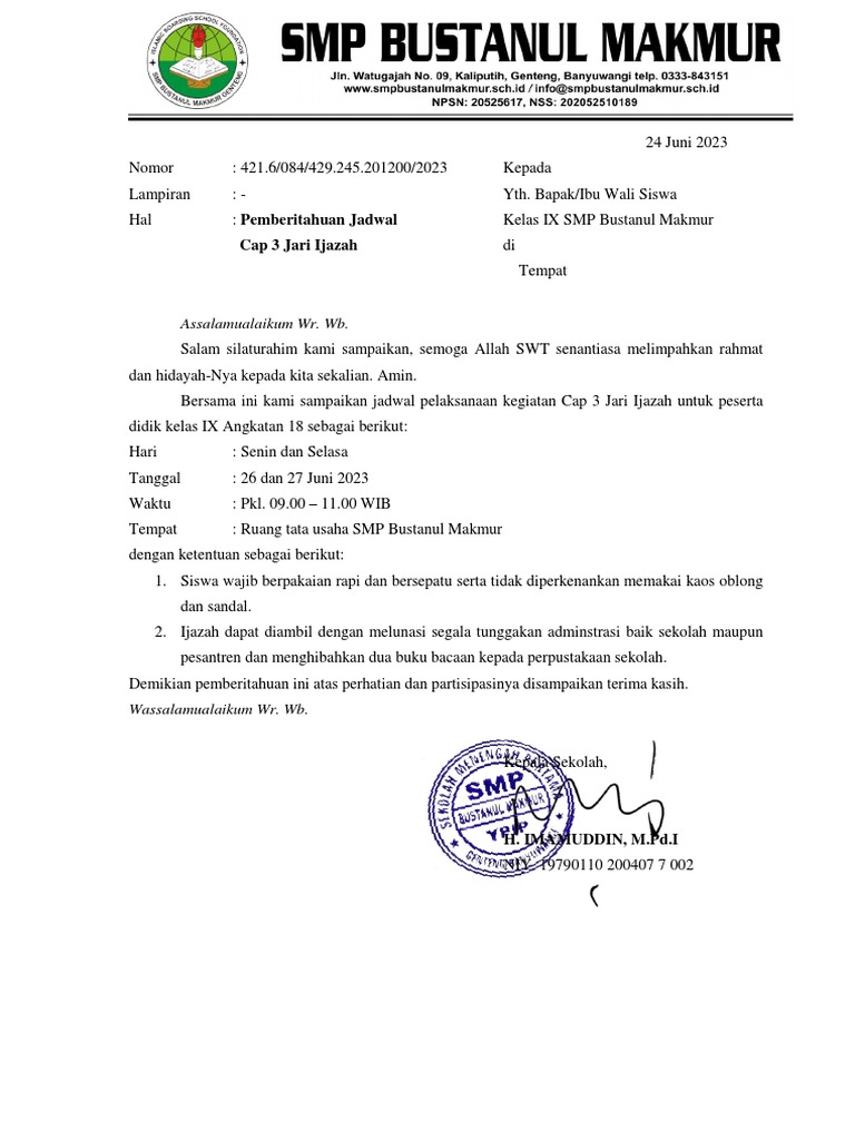 Surat Pemberitahuan Cap 3 Jari Ijazah 2022-2023 | PDF