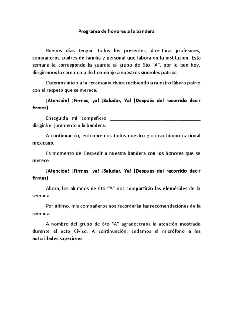 Programa de Honores A La Bandera Primaria | PDF