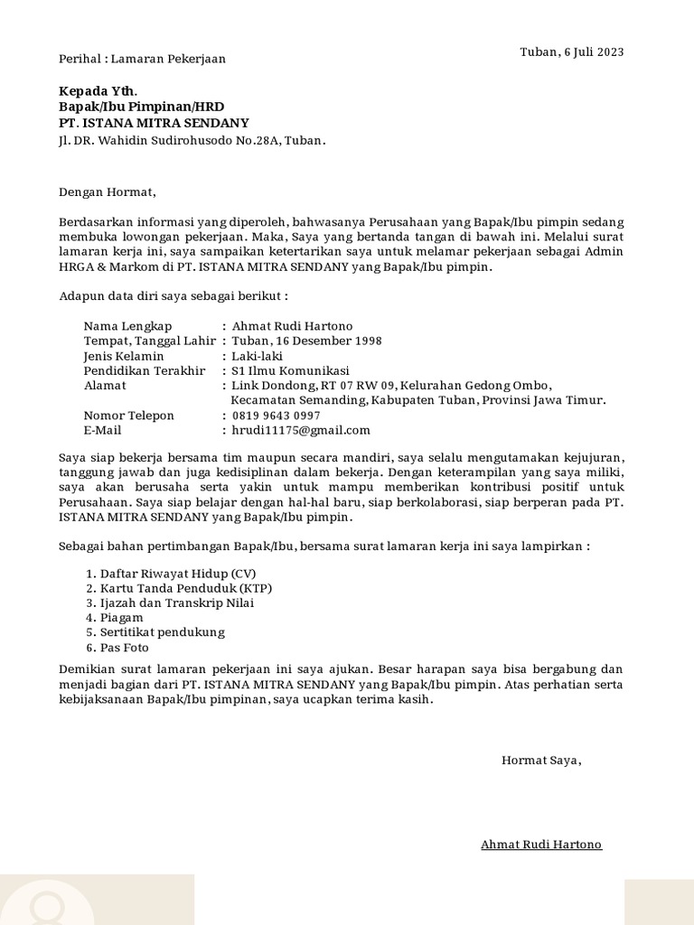 Ahmat Rudi Hartono - Lamaran Pekerjaan | PDF
