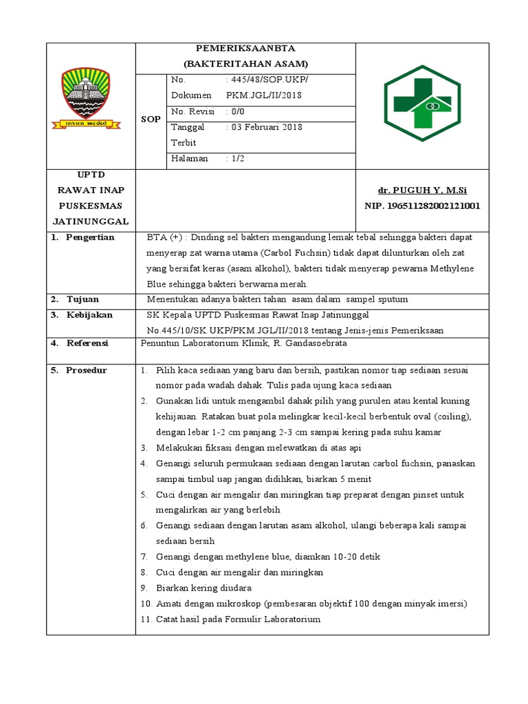 Sop Pemeriksaan Bta | PDF