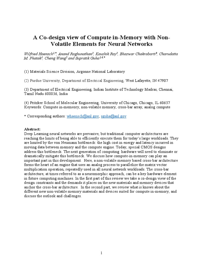 Survey A Co Design View Of Compute In Memory With Non Volatile Elements For Neural Networks Pdf