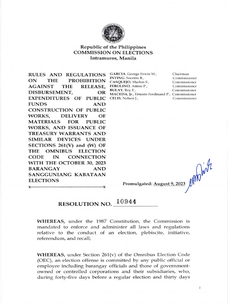 COMELEC Resolution No. 10944 | PDF