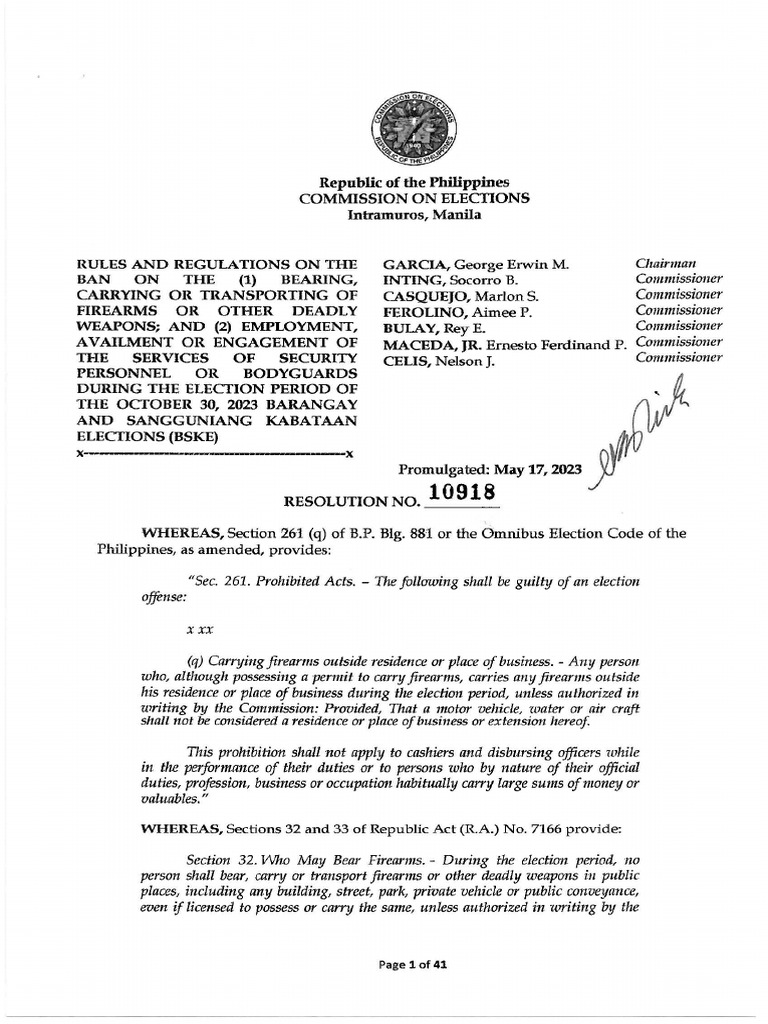 COMELEC Resolution No. 10918 | PDF