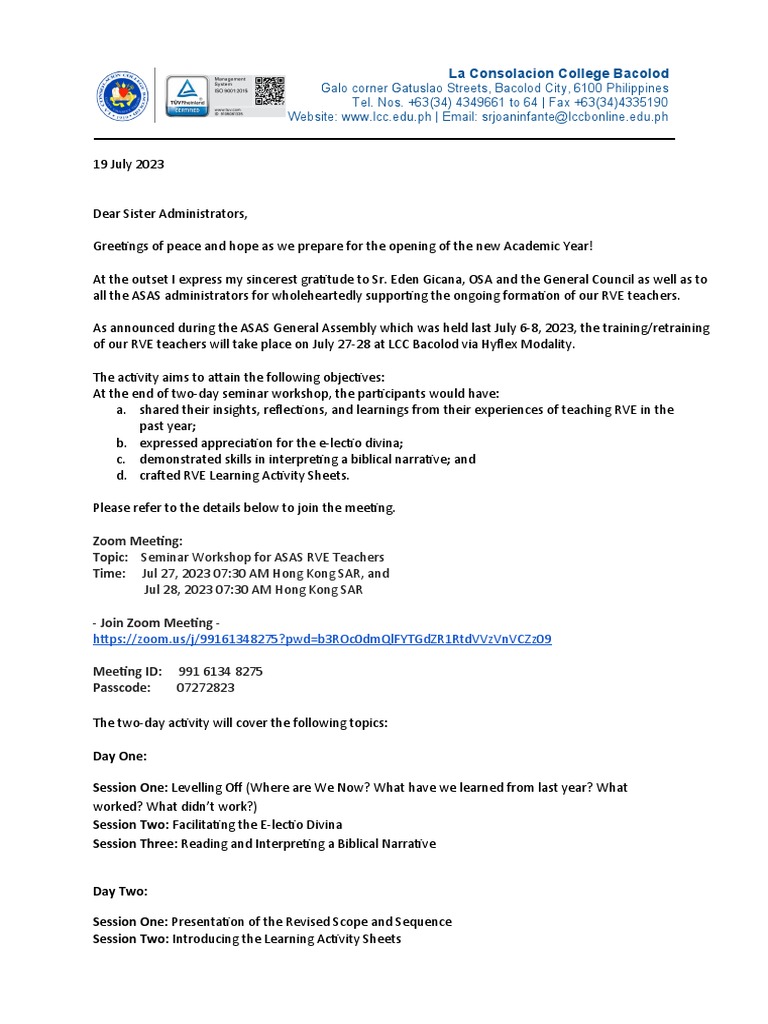 Letter For Asas Admin Rve Teachers Seminar Workshop July 27 28 | PDF