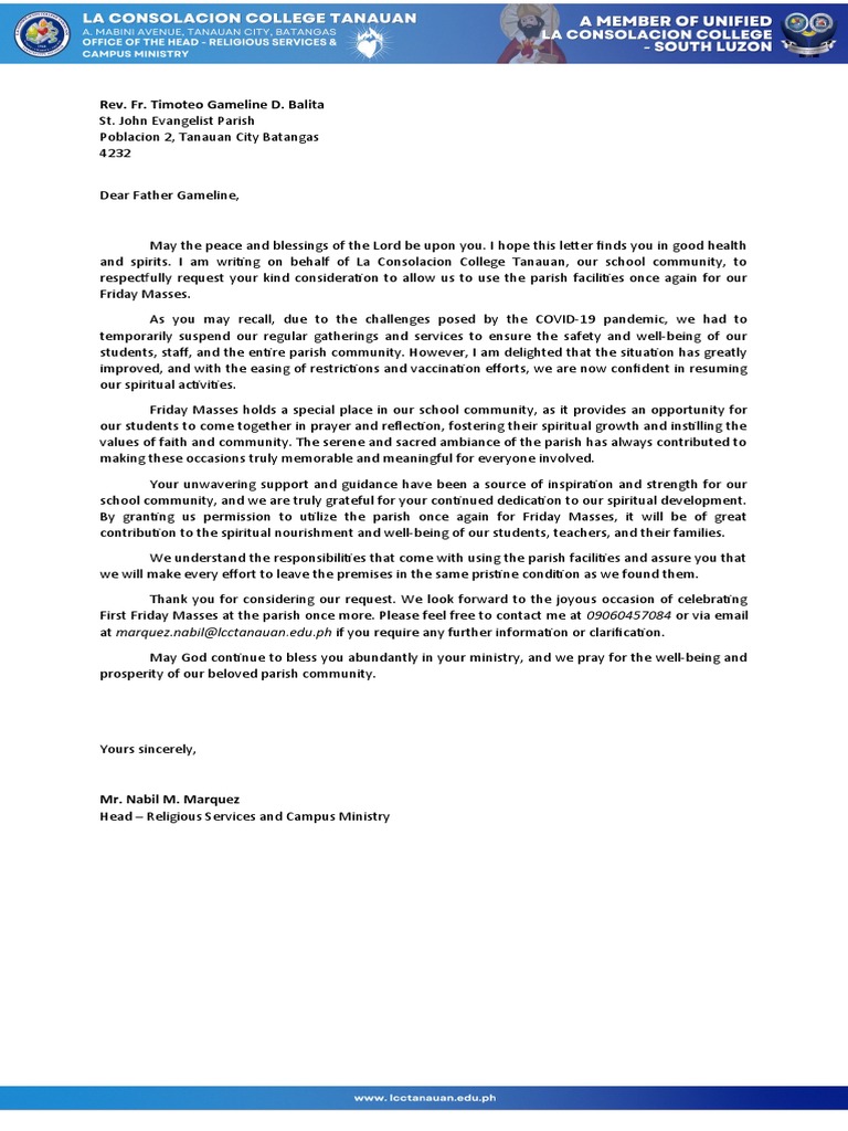 Parish Church USE Request Letter | PDF | Wellness | Religion & Spirituality