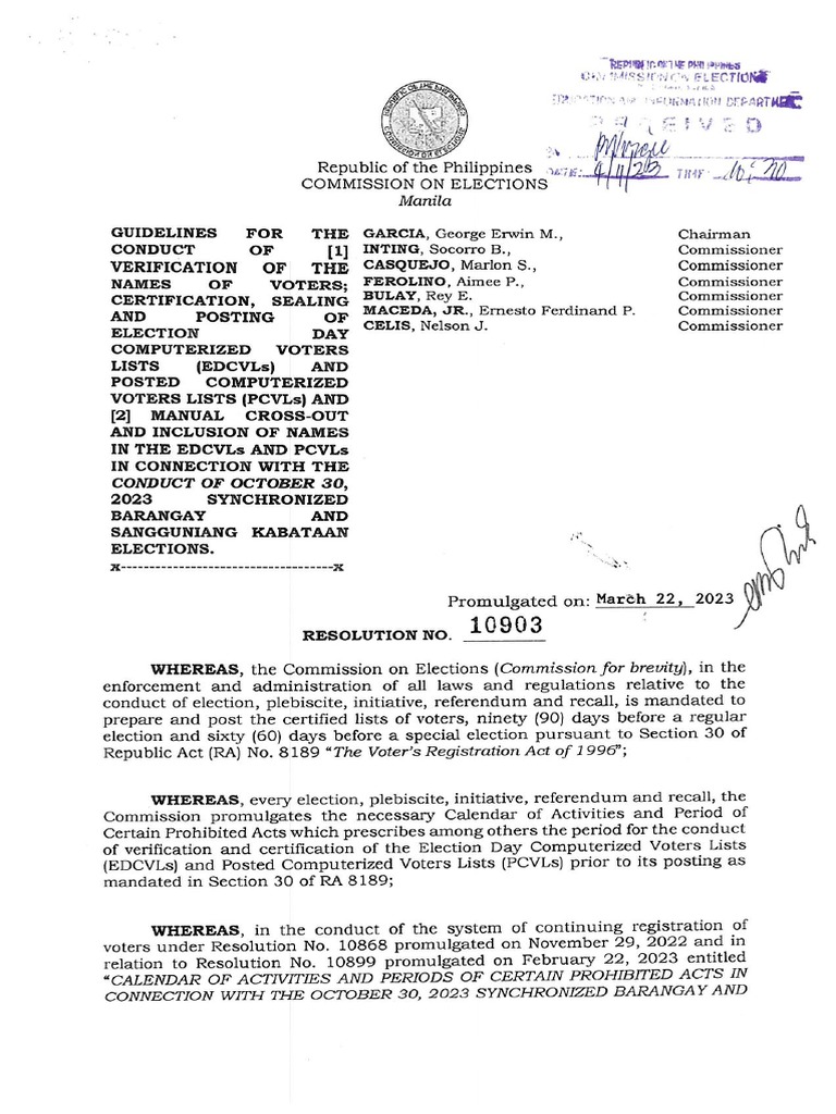 COMELEC Resolution No. 10903 | PDF