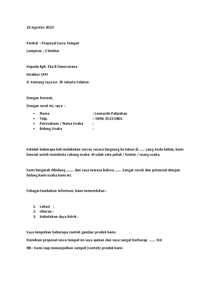 Proposal Sewa Tempat | PDF