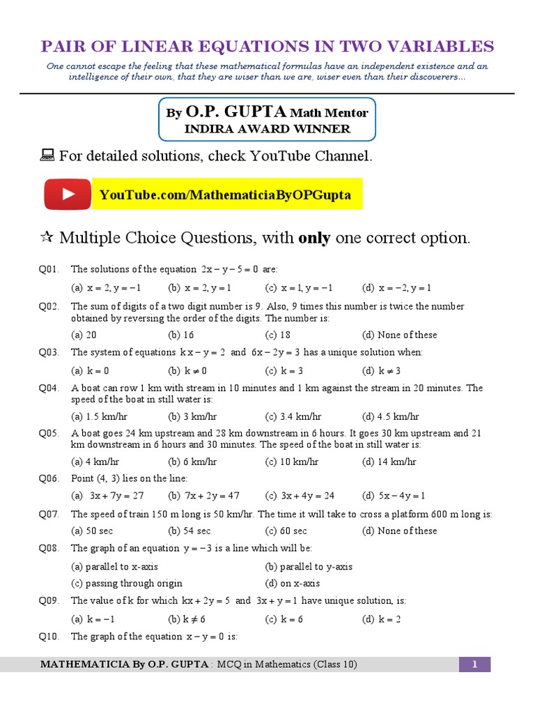 Pair of Linear Equations in Two Variables | PDF | Equations | System Of ...