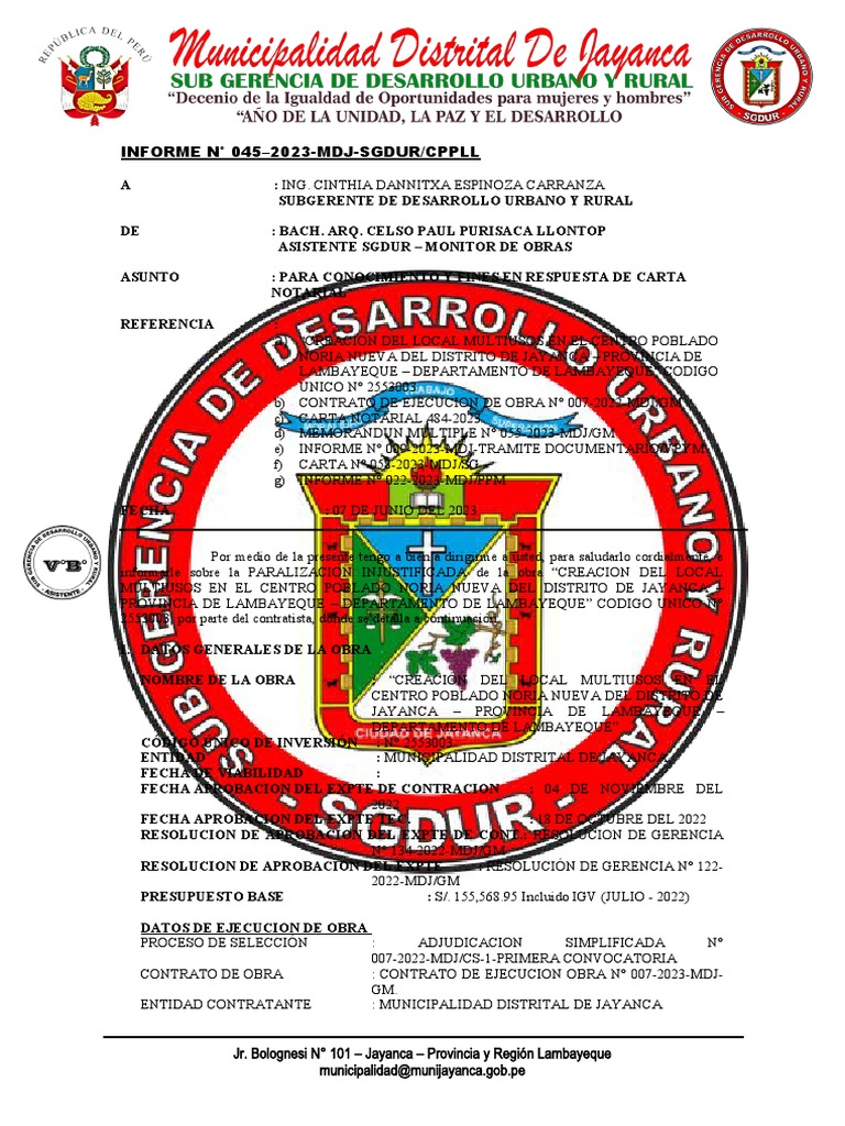 Informe #045-2023-Mdj-Sgdur-Cppll - para Conocimiento y Fines | PDF