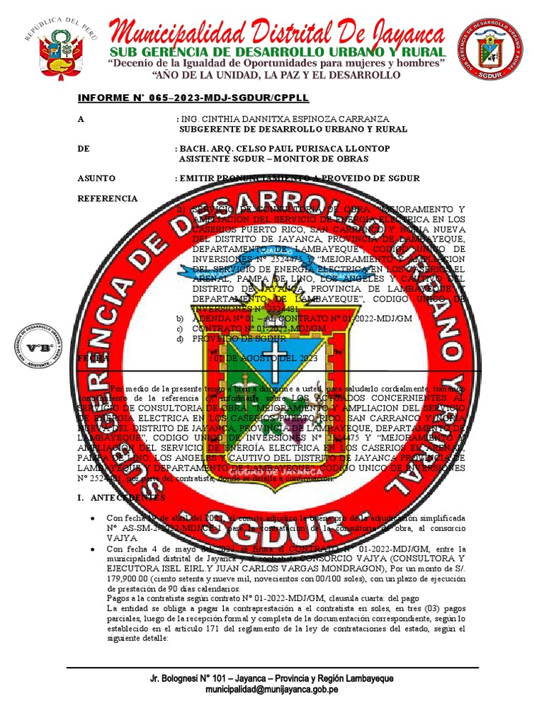Informe #065-2023-Mdj-Sgdur-Cppll - Provehido Sgdur Energia Electrica | PDF