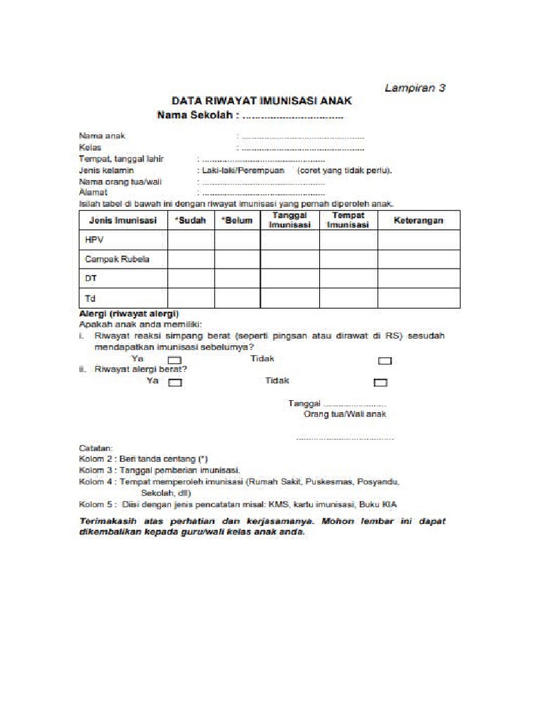 Form Data Riwayat Imunisasi Anak Sekolah | PDF