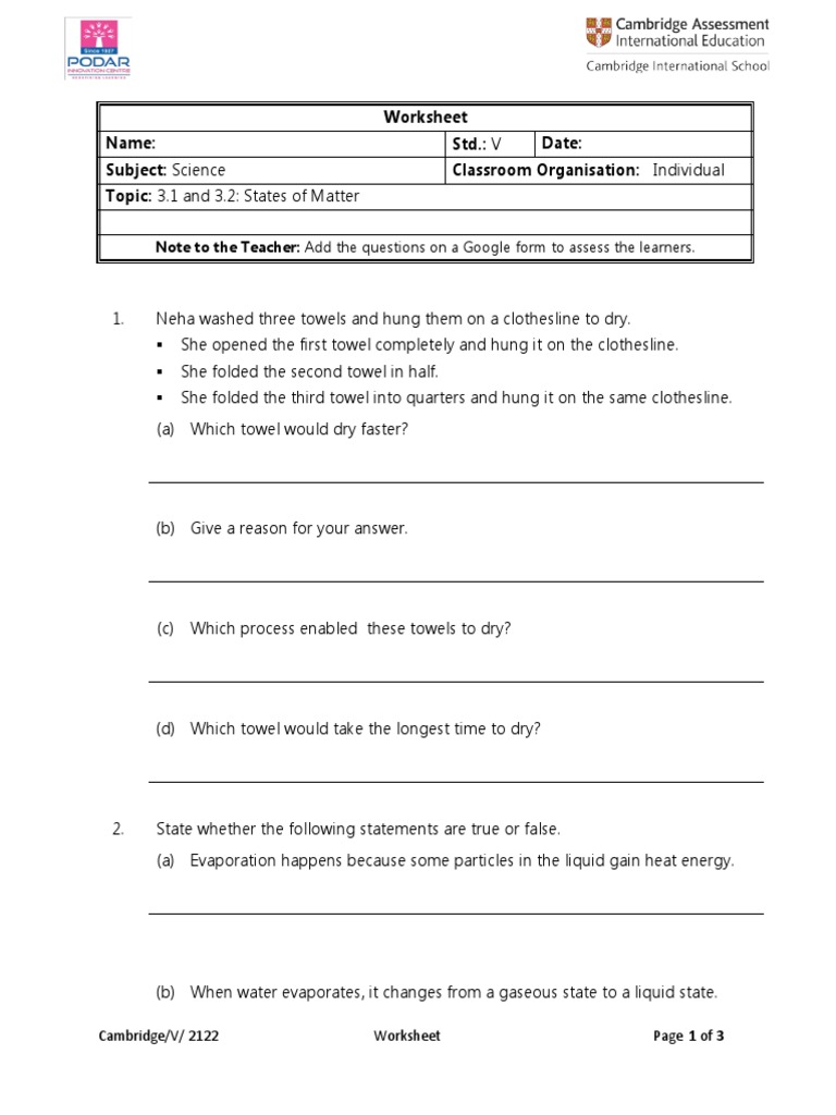 Grade 5 States of Matter Worksheet | PDF | Evaporation | Worksheet