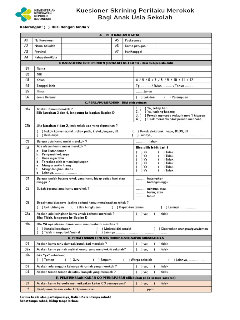 KUESIONER SKRINING MEROKOK ANAK SEKOLAH (1)-1_230729_085625 | PDF
