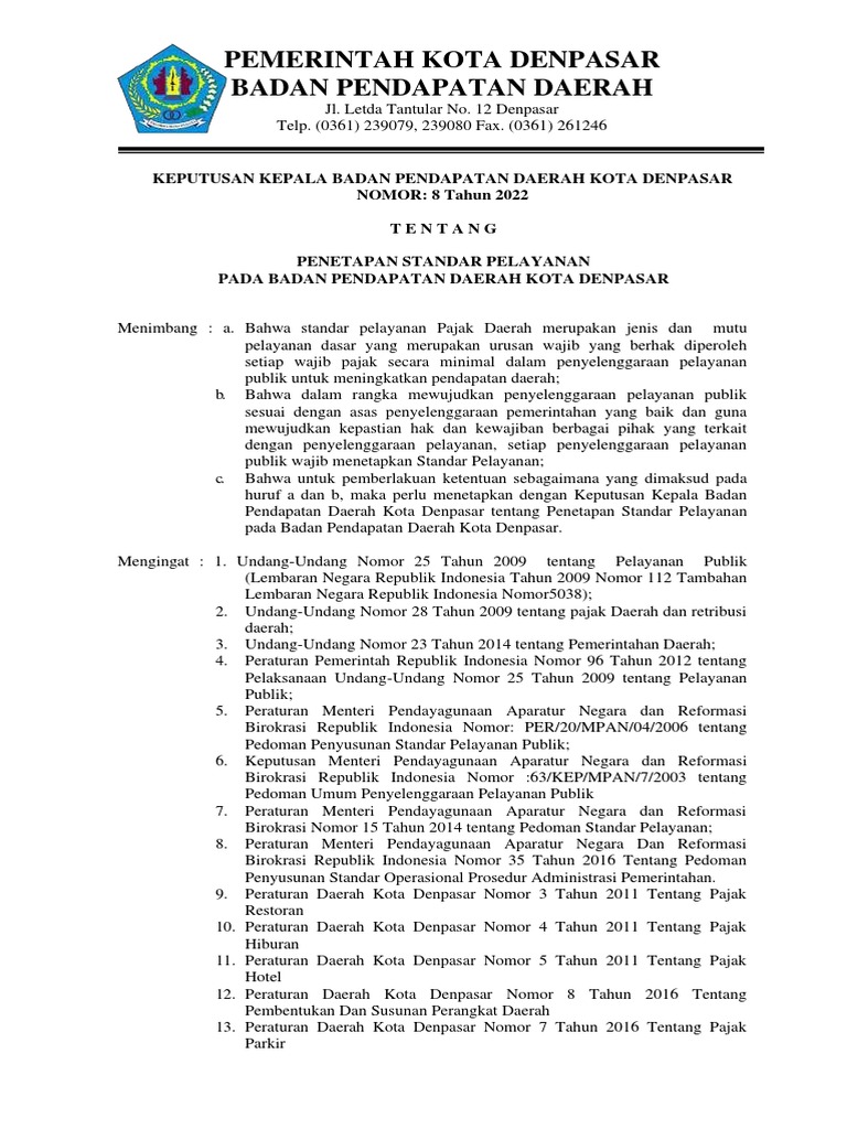 Standar Pelayanan Badan Pendapatan Denpasar | PDF | Pengelolaan ...